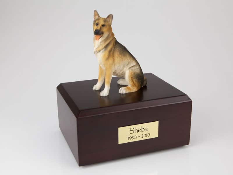 German Shepherd cremation figurine urn w/wooden storage box