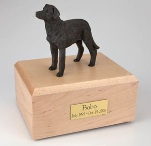 Yellow Lab cremation figurine urn w/wooden storage box