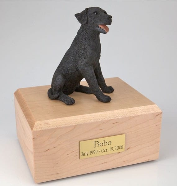 Black Labrador cremation figurine urn w/wooden storage box