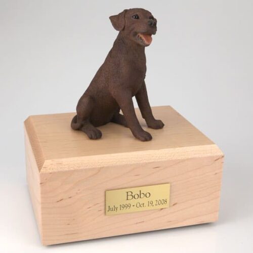 Yellow Lab cremation figurine urn w/wooden storage box