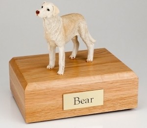 Yellow Lab cremation figurine urn w/wooden storage box