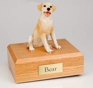 Yellow Lab cremation figurine urn w/wooden storage box