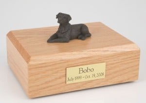 Yellow Lab cremation figurine urn w/wooden storage box