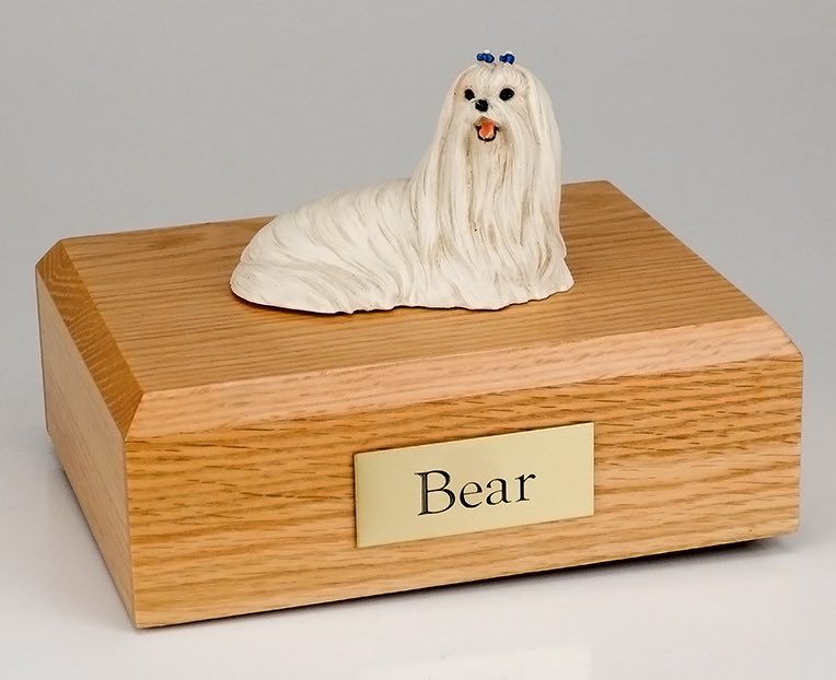 Maltese cremation figurine urn w/wooden storage box