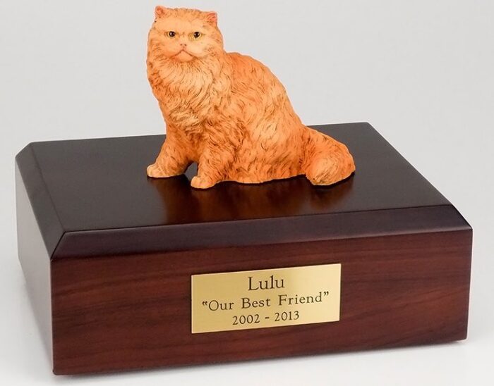 Orange Persian cat cremation figurine urn w/wooden storage box