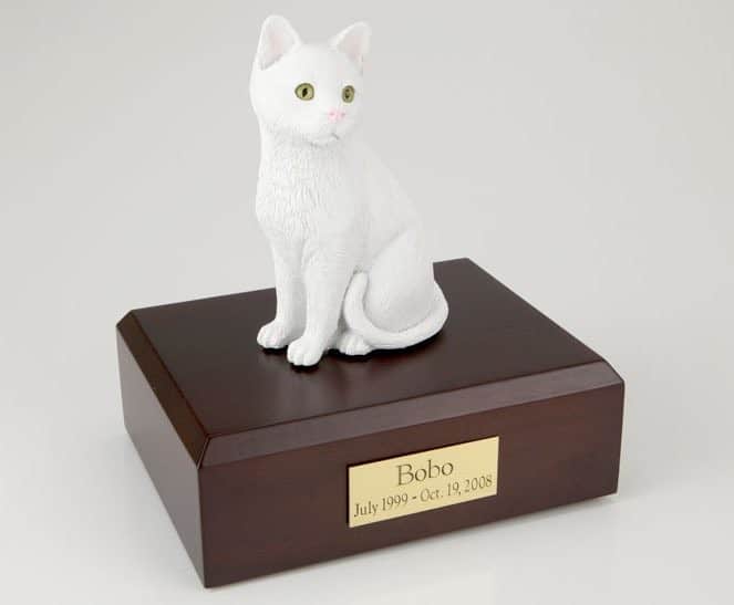 White cat cremation figurine urn w/wooden storage box