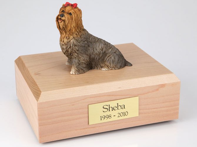 Yorkshire Terrier cremation figurine urn w/wooden storage box