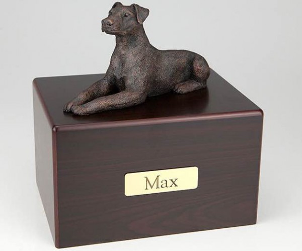 Bronze look Doberman cremation figurine urn w/wooden storage box