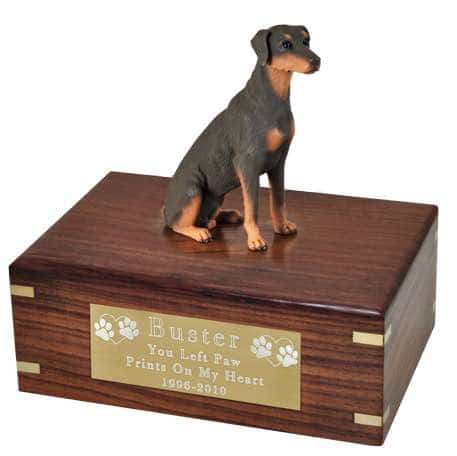 Red Doberman Pinscher figurine rosewood cremation urn with engraving