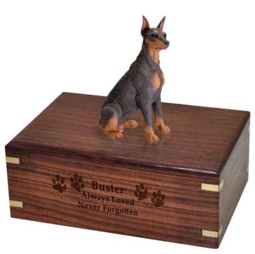 Red Doberman Pinscher figurine wood cremation urn, engravable