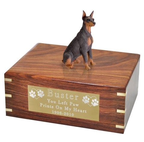 Red Doberman Pinscher figurine rosewood cremation urn with engraving