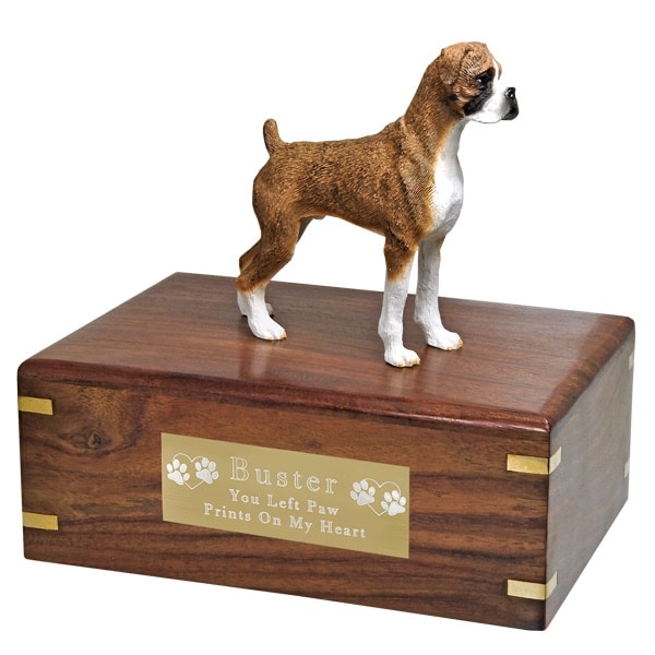 Boxer Brindle, Uncropped figurine rosewood cremation urn, free engraving
