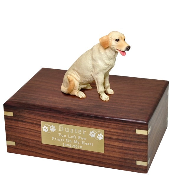 Yellow Labrador Retriever figurine rosewood cremation urn, free engraving