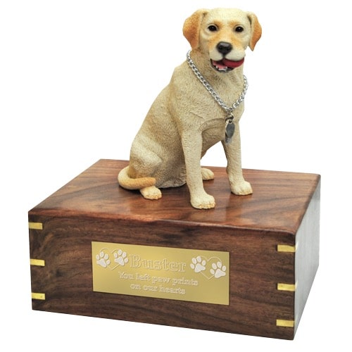Yellow Labrador Retriever figurine rosewood cremation urn, free engraving