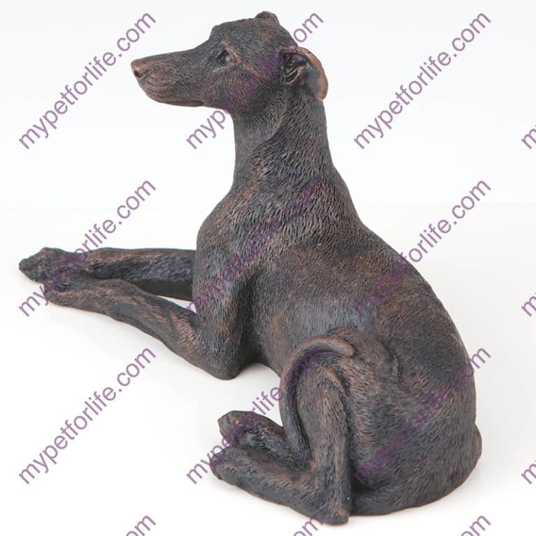 Greyhound/Whippet bronze look cremation figurine hardwood urn