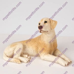 Yellow Lab cremation figurine urn w/wooden storage box