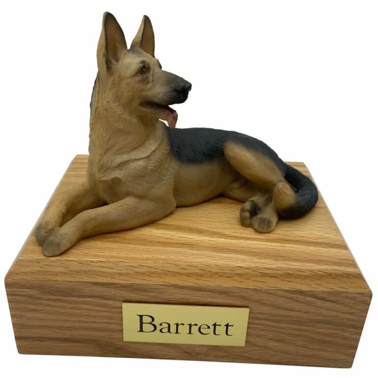 German Shepherd cremation figurine urn w/wooden storage box