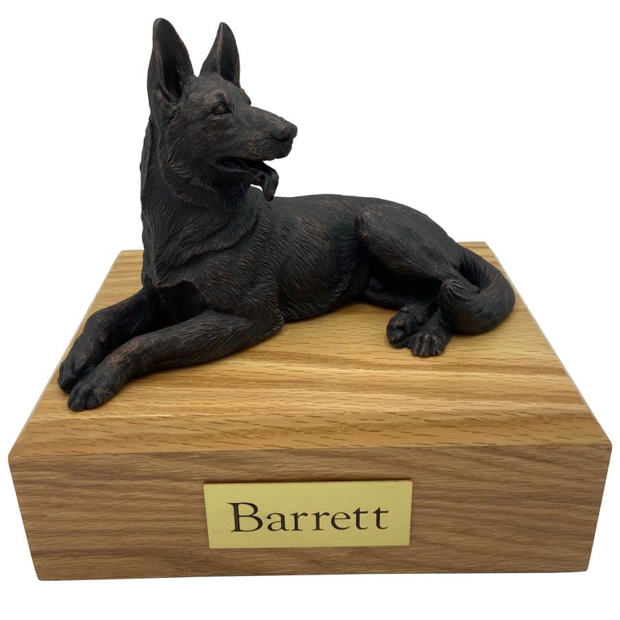 German Shepherd cremation figurine urn w/wooden storage box