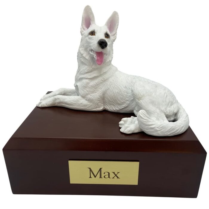 German Shepherd cremation figurine urn w/wooden storage box