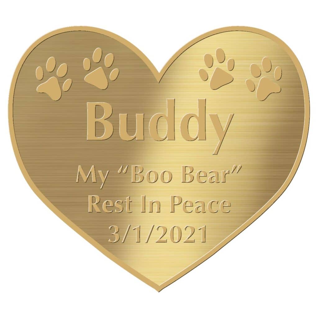 Heart-shaped brass finish acrylic memorial nameplate with free engraving